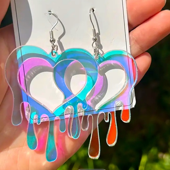 Jewelry | Iridescent Dripping Blue Heart Acrylic Earrings | Poshmark